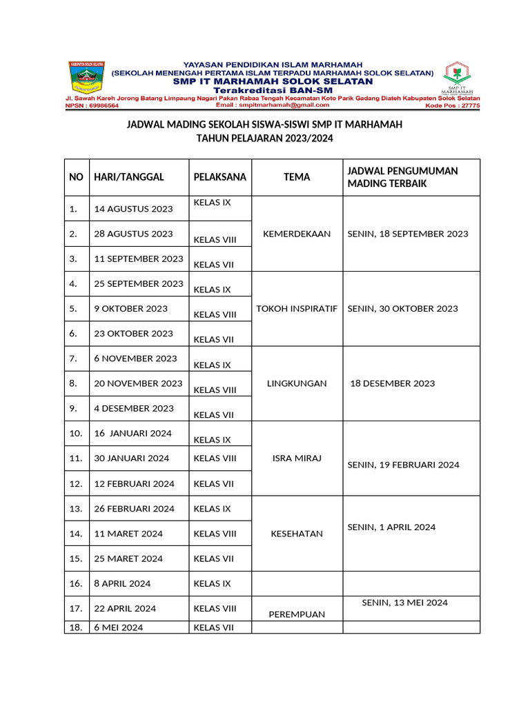 Jadwal Mading SMP IT Marhamah 2023/2024 | PDF