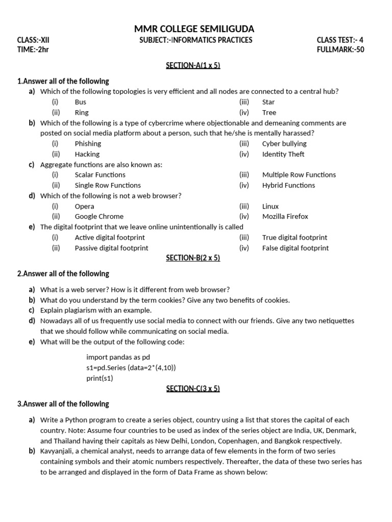Class XII Informatics Practices Test | PDF | Cybercrime | Computing