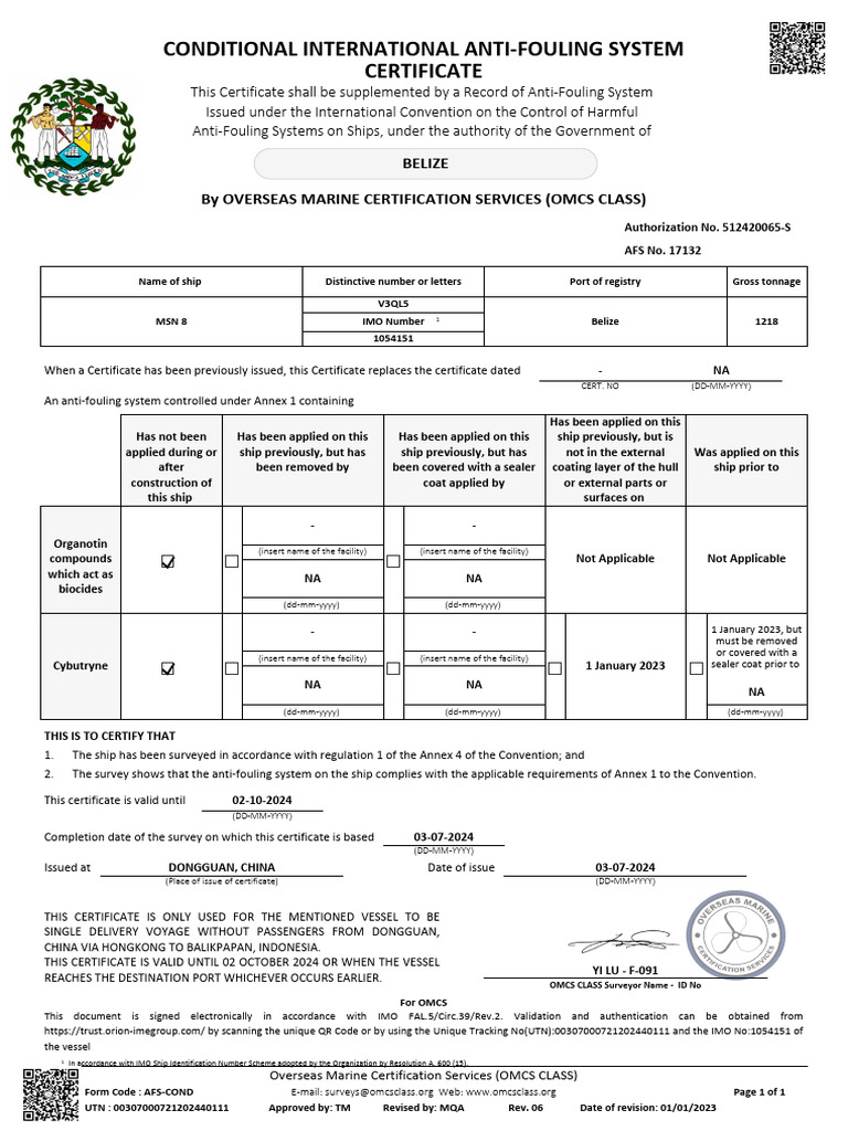 MSN 8 Afs17132 Cond Belize | PDF | Water Transport | Shipping