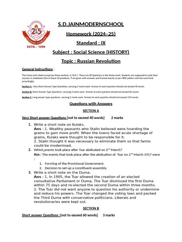 Russian Revolution Homework for IX Grade | PDF | Bolsheviks | Socialism