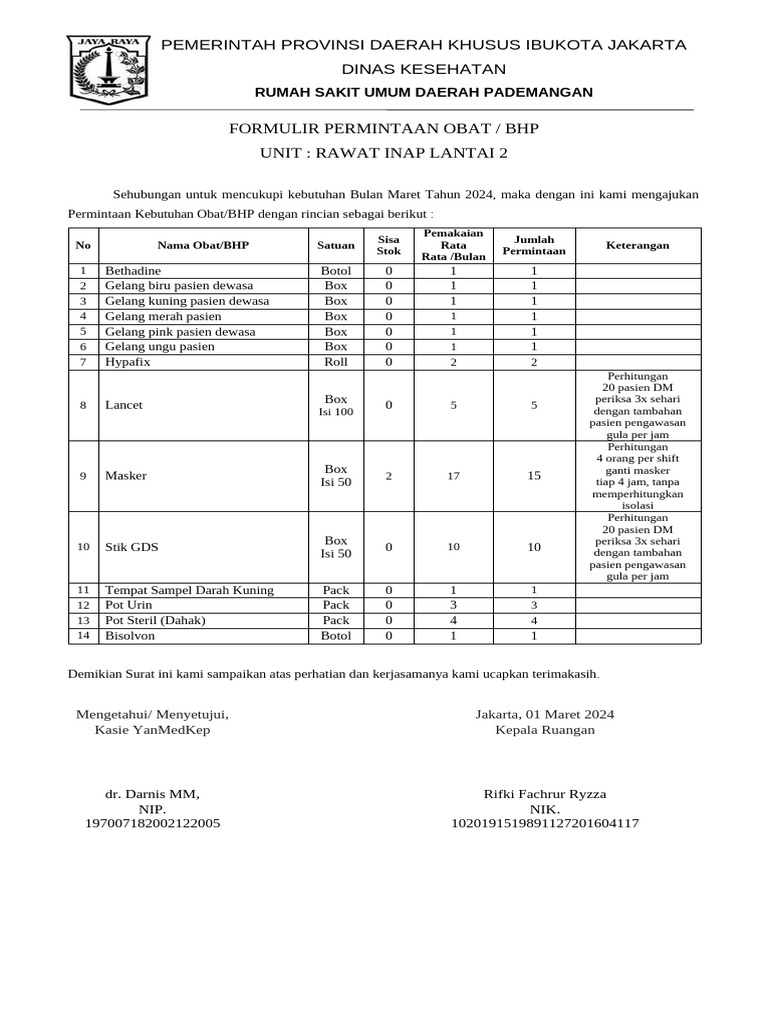 Form Permintaan Obat Dan BHP Tahun 2024 | PDF