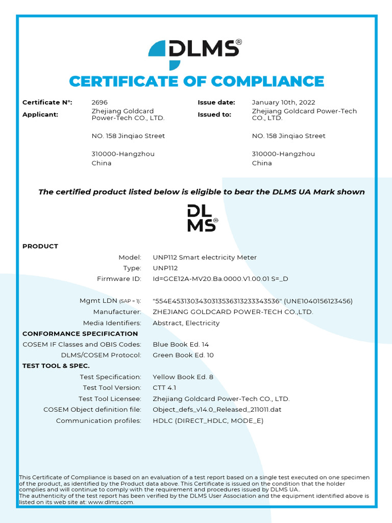 DLMS UA 2696 Product Certificate UNP112 | PDF | Computer Standards | Computing