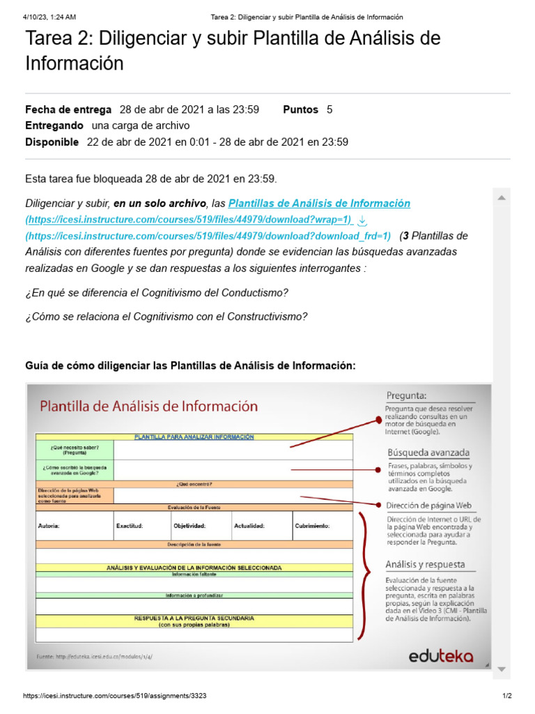 Tarea 2_ Diligenciar y subir Plantilla de Análisis de Información | PDF | Cognición | Ciencia ...