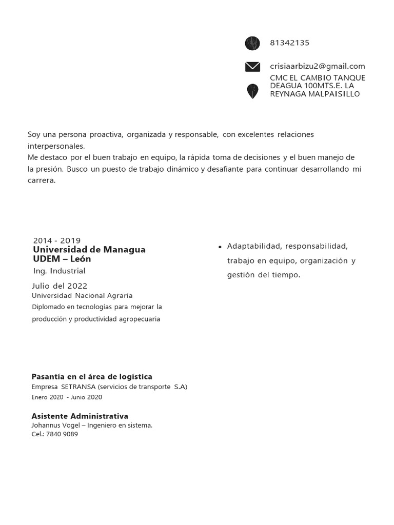 Hoja de Vida de Crisía Arbizu | PDF