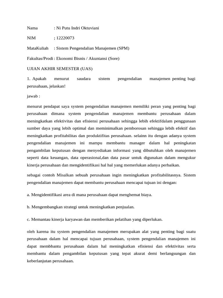 Uas SPM - Ni Putu Indri Oktuviani - 12220073 | PDF | Bisnis