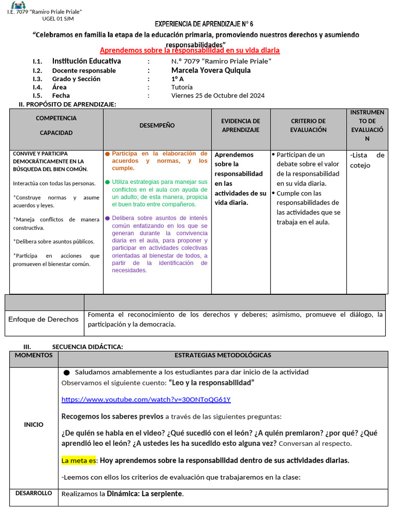 Sesión Tutoria Aprendemos Sobre La Responsabilidad en Nuestras Acciones ...