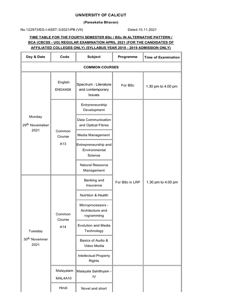 TT Fourth Semester BSC CBCSS | PDF