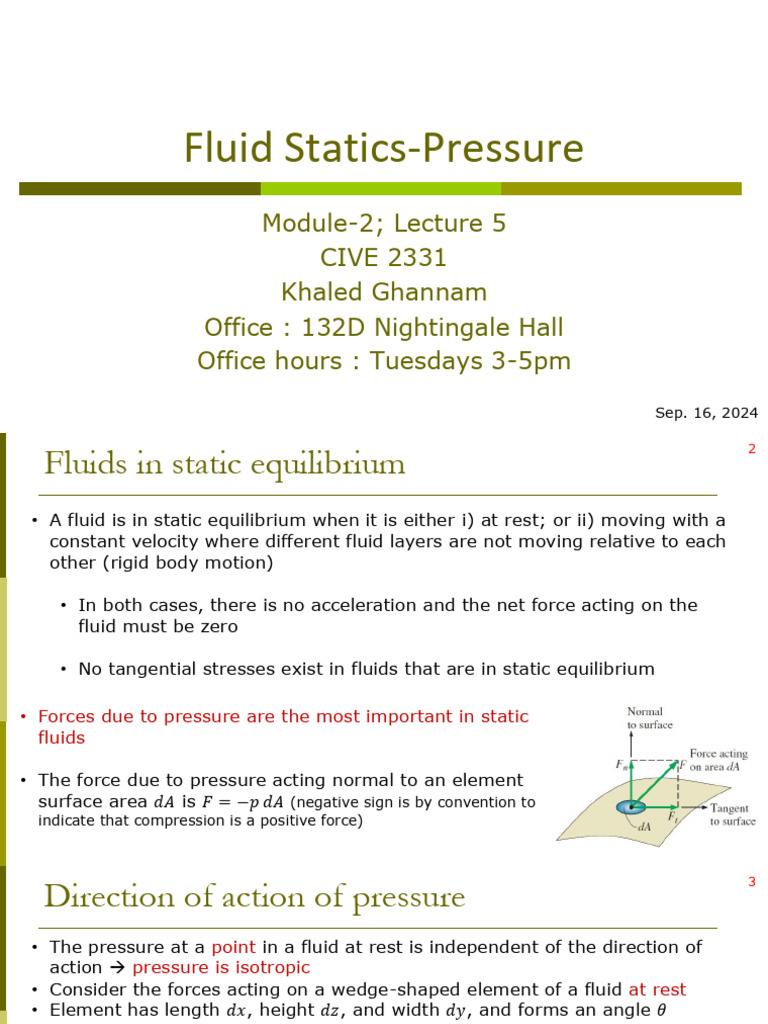 Lecture5-FluidStatics_pressure | PDF | Pressure | Force