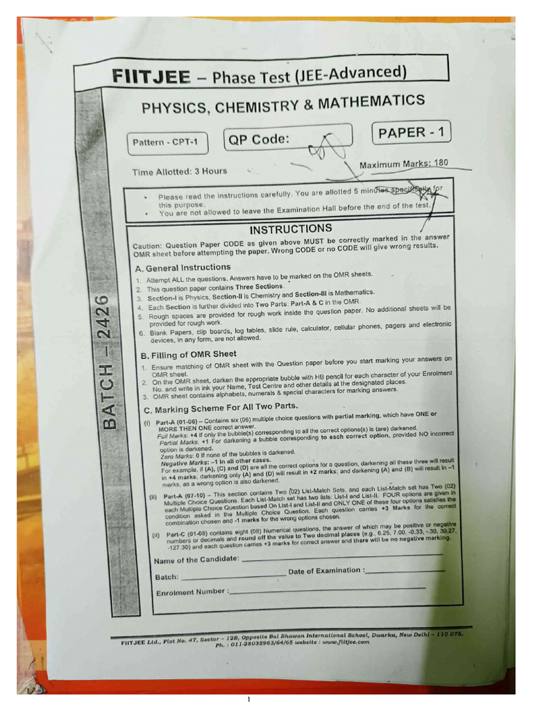 Fiitjee PH 1 Qpaper Adv. | PDF