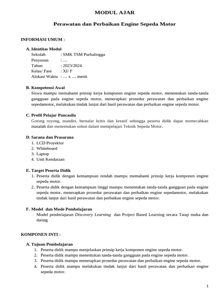 MODUL AJAR Perawatan Dan Perbaikan Engine Sepeda Motor | PDF | Teknologi & Rekayasa