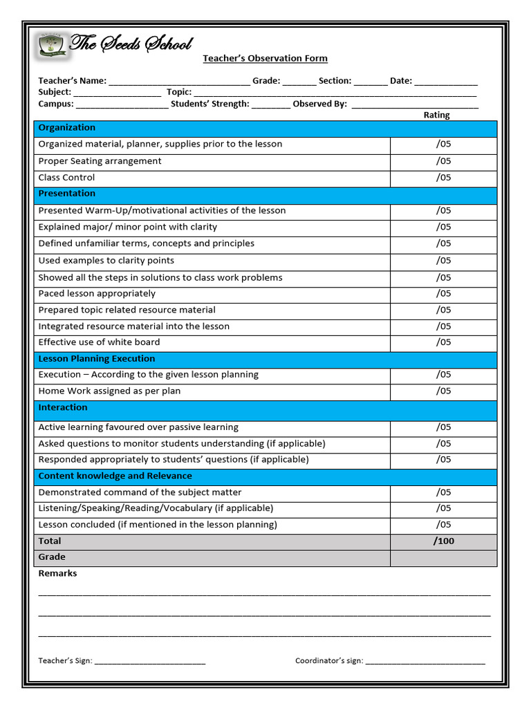 Teacher Observation Form 24-25 | PDF | Teachers | Learning