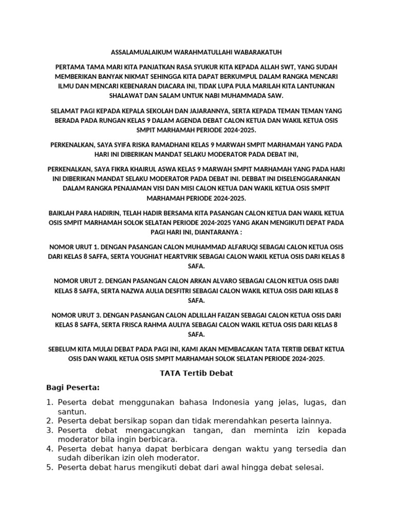 Teks Moderator Debat OSIS 2024-2025 | PDF | Olahraga & Rekreasi | Agama ...