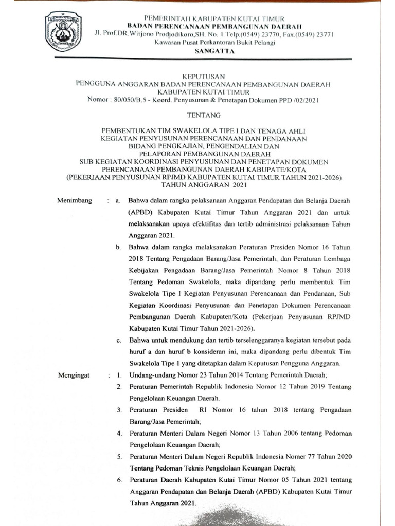 Contoh SK Tim Swakelola Type 1 | PDF