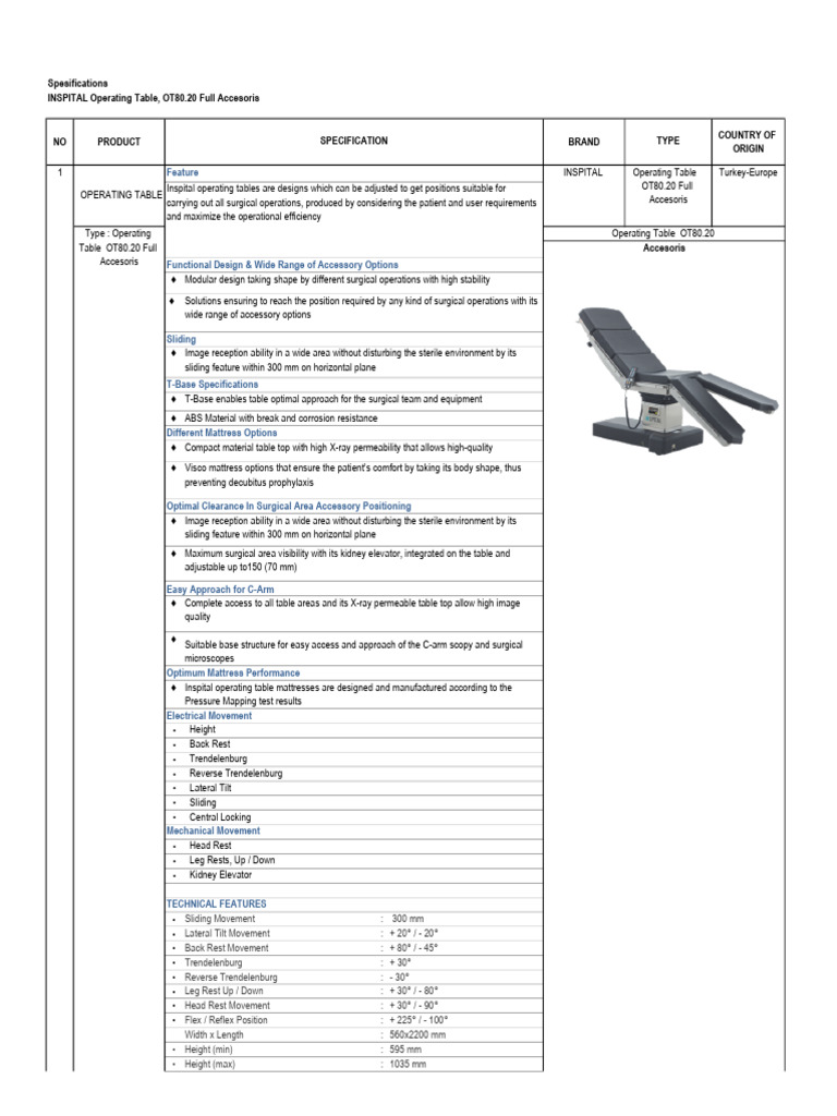 Spec INSPITAL Operating Table, OT80.20 Full Accesoris | PDF