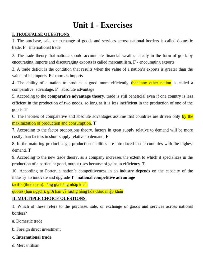 Unit 1 Exercises To Sts Pdf Trade Service Industries 