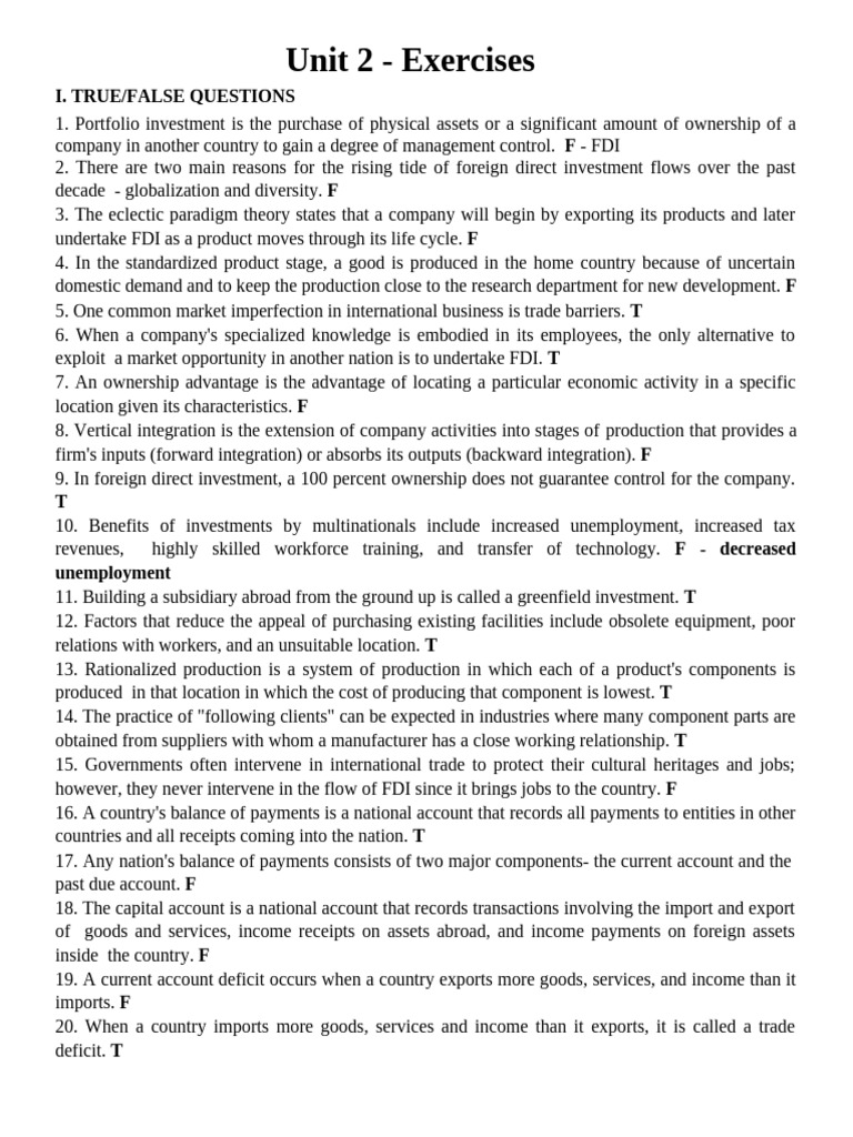 Unit 2 - Exercises To Sts | PDF | Foreign Direct Investment | Capital ...