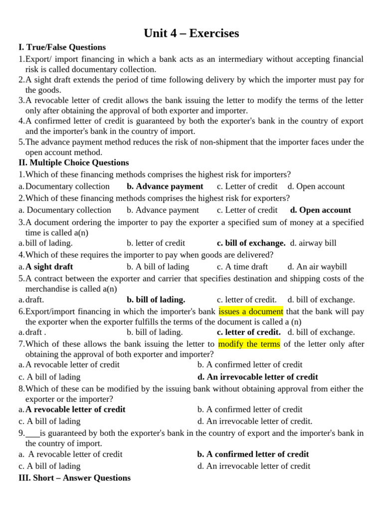 Unit 4 - Exercises to sts | PDF | Letter Of Credit | Business Unit 4 - Exercises to sts | PDF | Letter Of Credit | Business