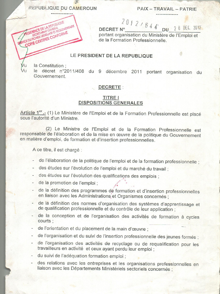 Decret Portant Organisation Minefop 1 | PDF