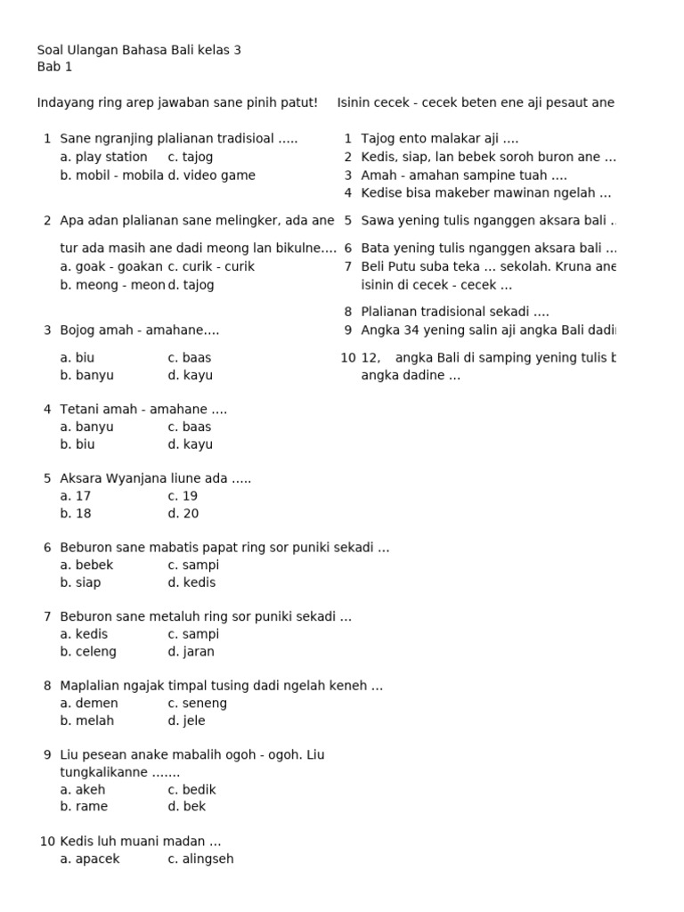 Soal Bahasa Bali Kelas 3 | PDF
