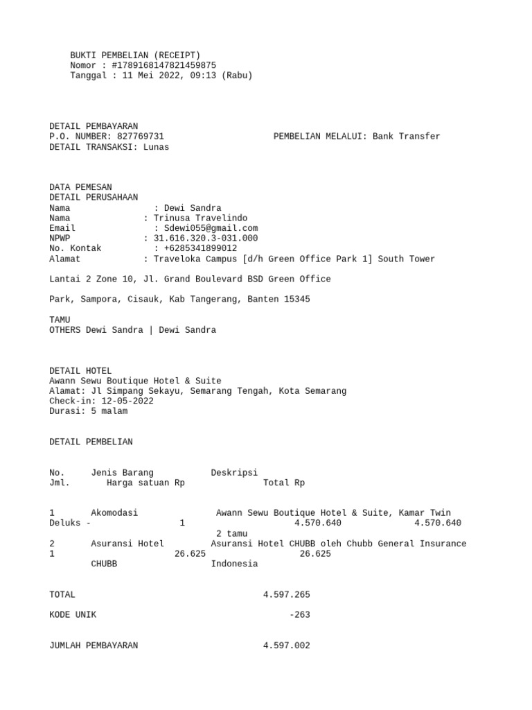 Invoice Hotel Traveloka 4 597 002 | PDF