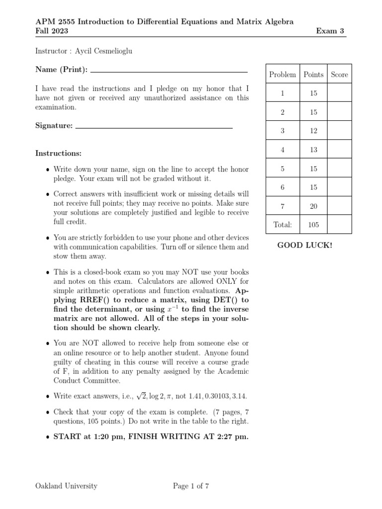 Exam 3 | PDF | Eigenvalues And Eigenvectors | Mathematical Analysis