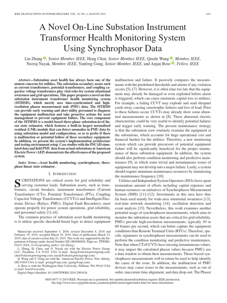 A Novel On Line Substation Instrument Transformer Health Monitoring System Using Synchrophasor