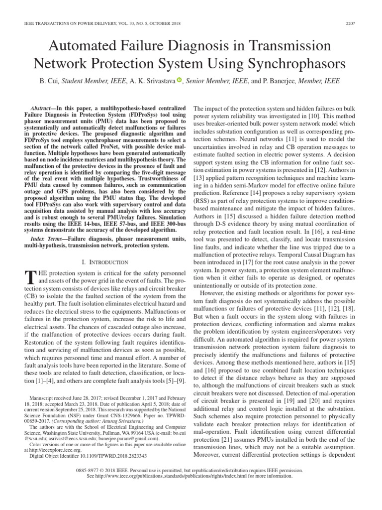 Automated Failure Diagnosis in Transmission Network Protection System Using Synchrophasors | PDF ...
