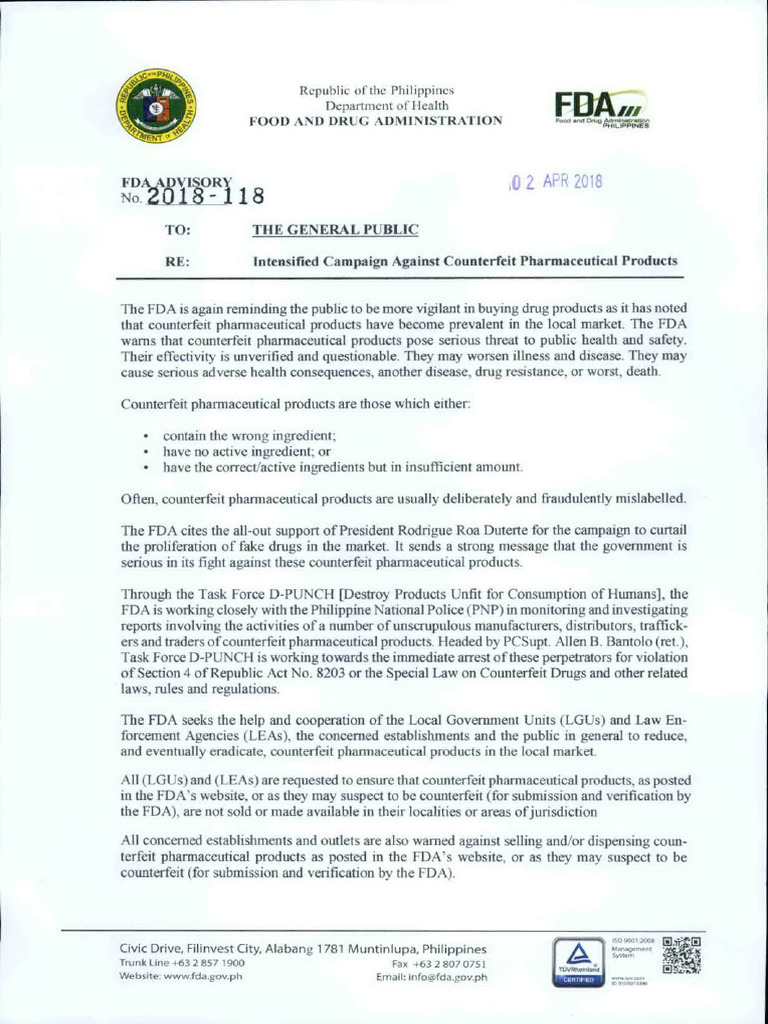 FDA Advisory No. 2018 118 | PDF