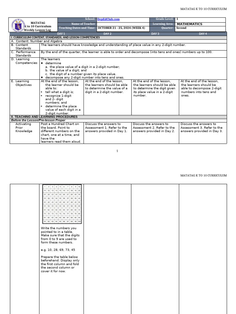 Dll Matatag Mathematics 1 q2 w4 | PDF | Curriculum | Learning