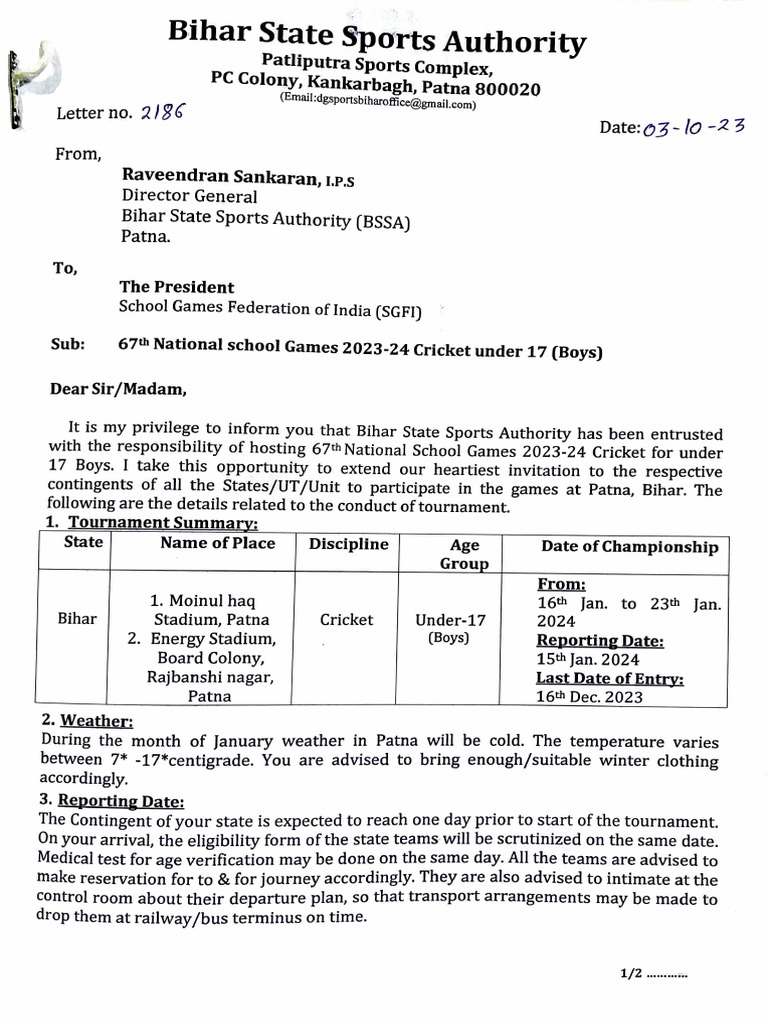 Sgfi Cricket Notice | PDF