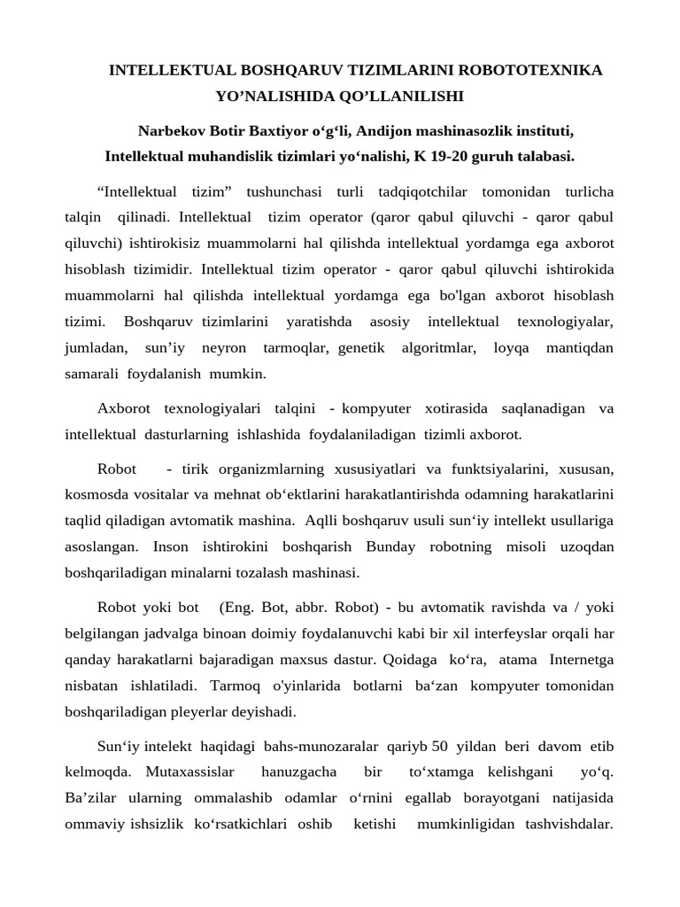 Intellektual Boshqaruv Tizimlarini Robototexnika Yo'Nalishida Qo | PDF