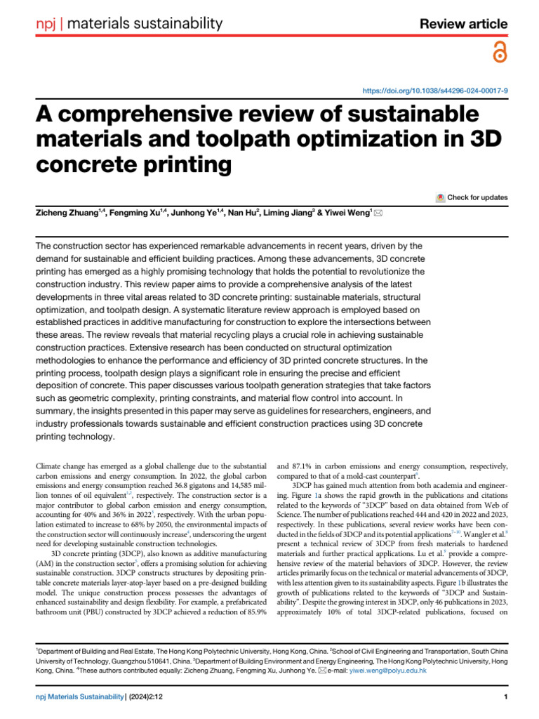 A Comprehensive Review of Sustainable Materials and Toolpath Optimization in 3D Concrete ...