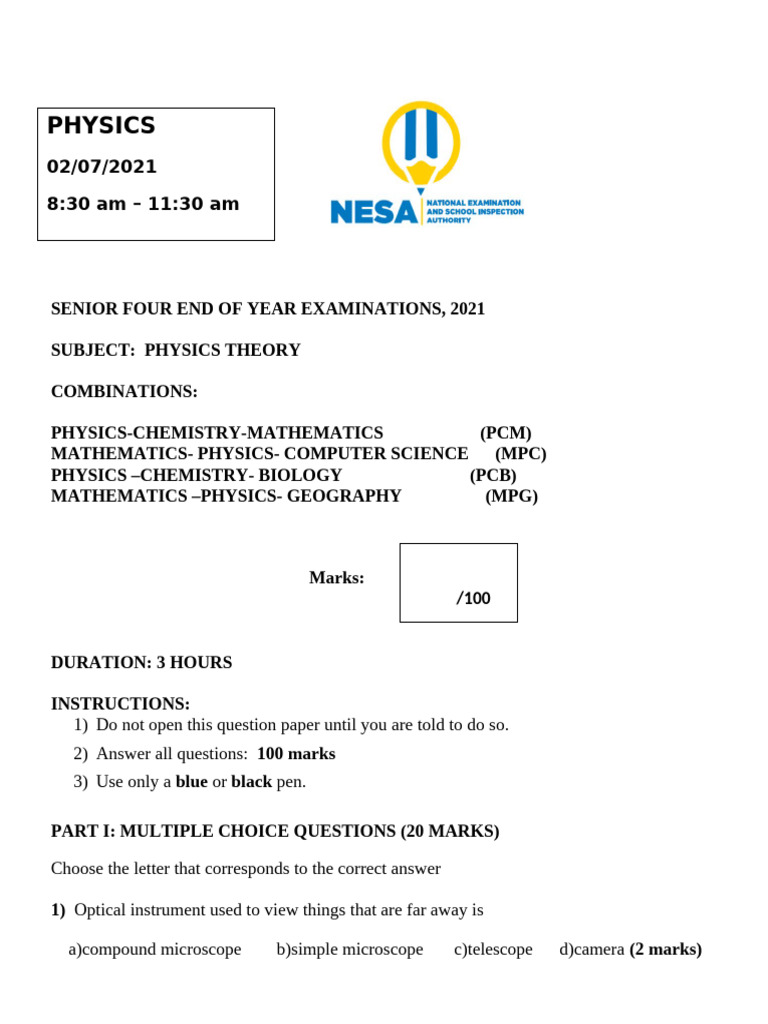 S4 Physics Exam Questions & Answers 2021 | PDF | Force | Orbit