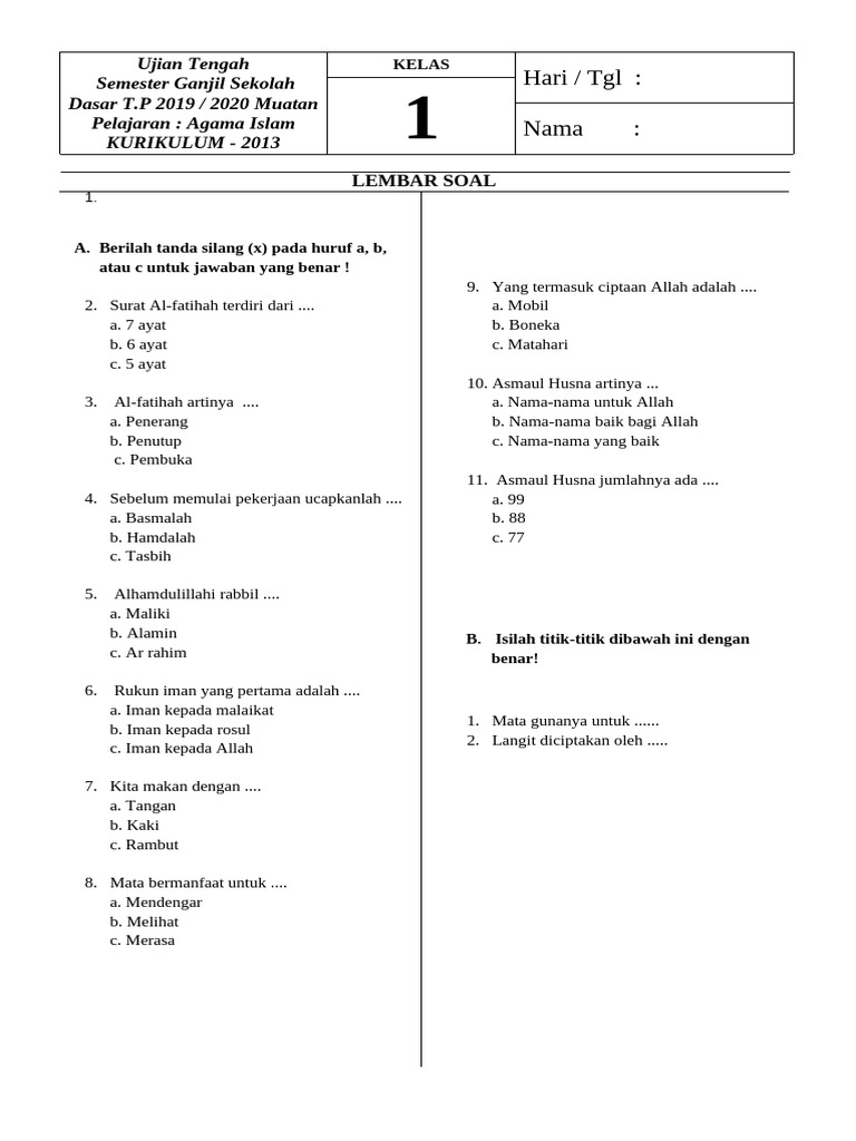 Soal UTS Agama Islam Kelas 1 | PDF