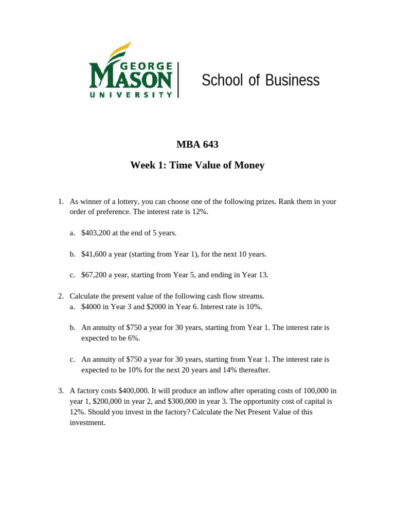 Week 1 Problem Set | PDF | Present Value | Interest