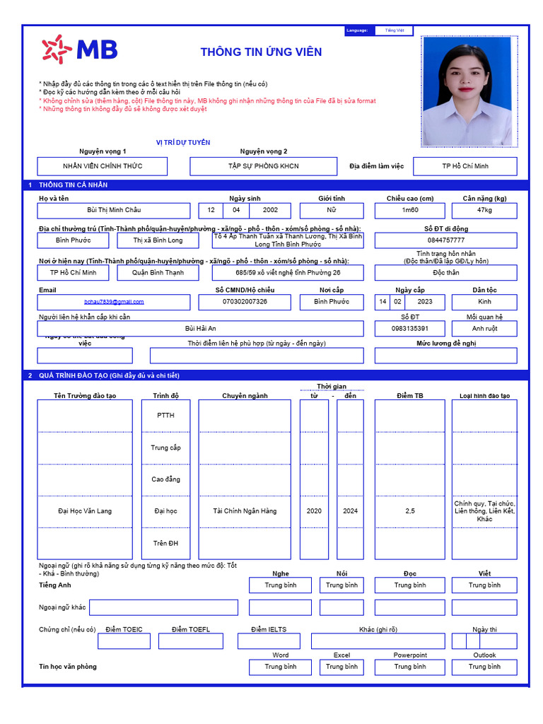 CV Bùi Thị Minh Châu. MB Bank | PDF