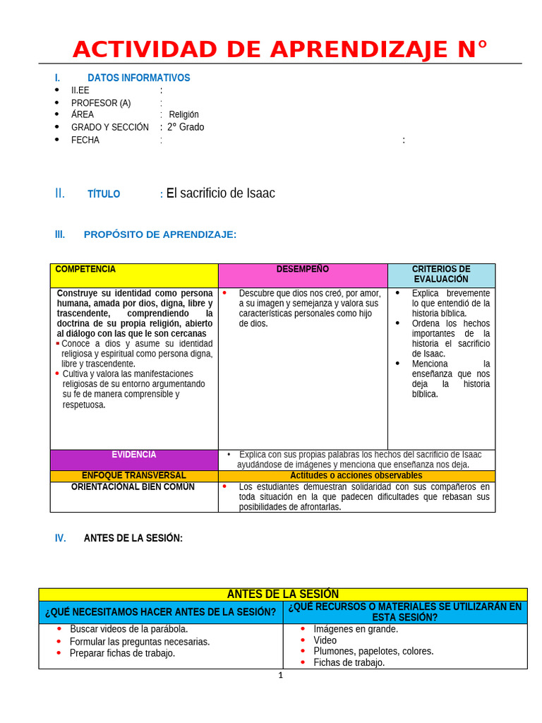 Sesión El Sacrificio de Isaac | PDF | Abrahán | Enseñando
