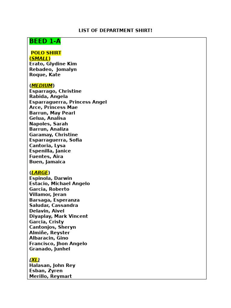 Be Ed Department Shirt List | PDF