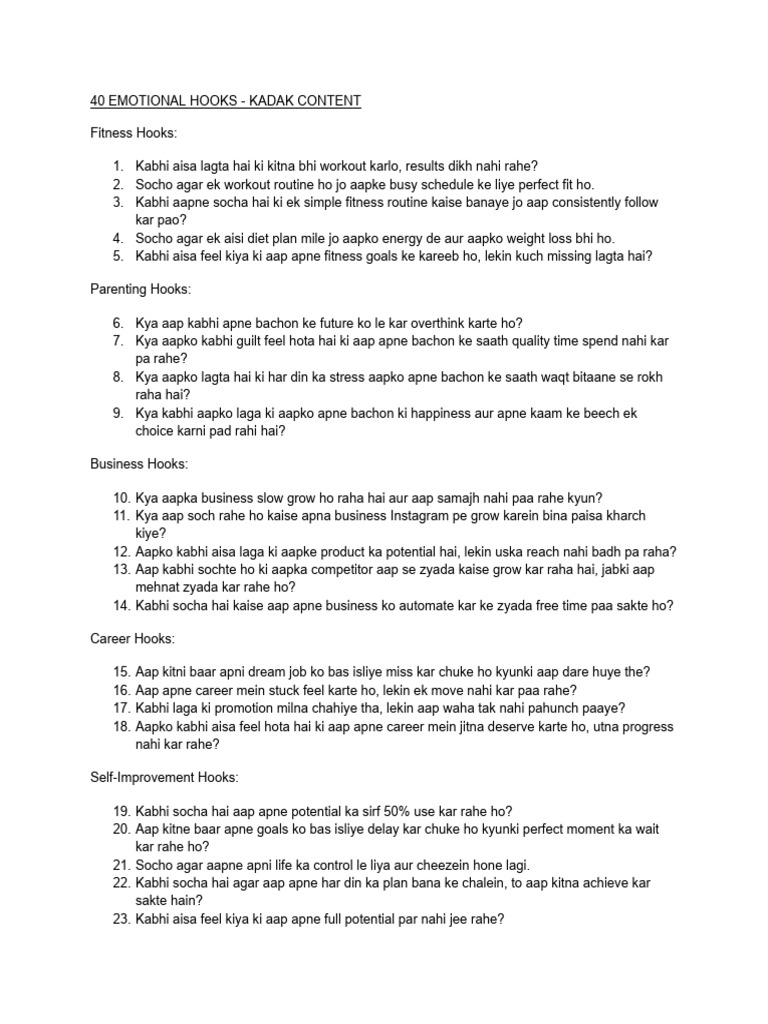 40 Emotional Hooks - Kadak Content | PDF | Self-Improvement