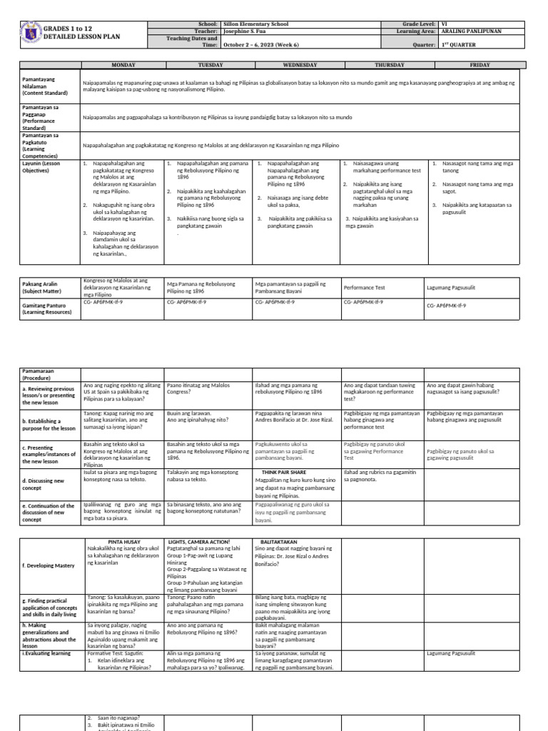 DLL Araling Panlipunan 6 q1 w6 | PDF