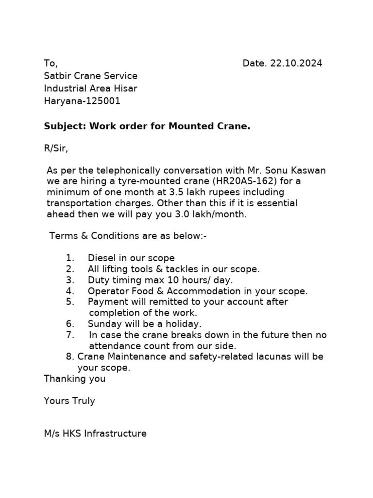 Crane Rental Agreement for HKS Infrastructure | PDF | Technology ...