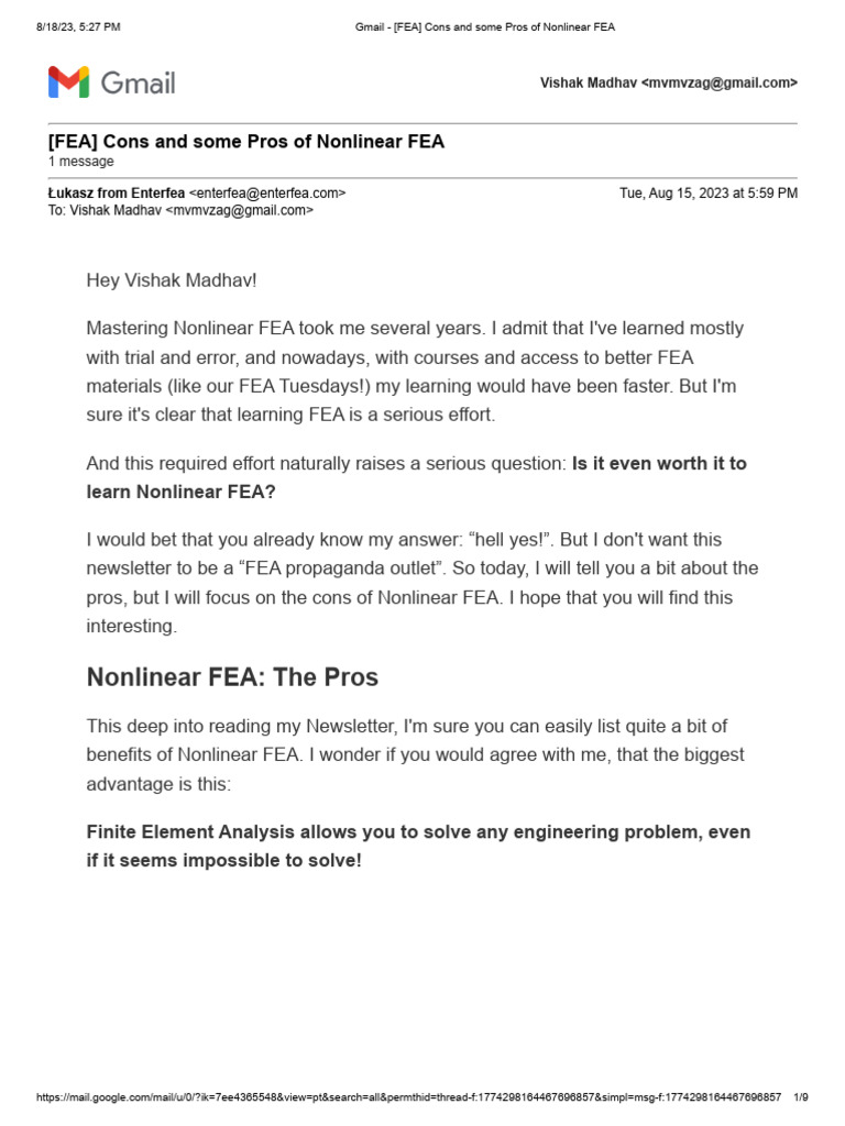 Gmail - (FEA) Cons and Some Pros of Nonlinear FEA | PDF | Finite ...