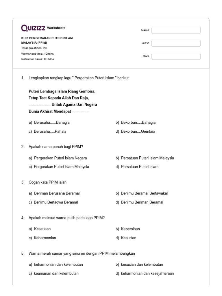 Kuiz Pergerakan Puteri Islam Malaysia (Ppim) | PDF