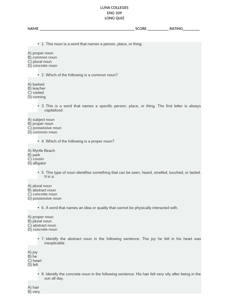 LONG QUIZ 2 | PDF | Pronoun | Noun