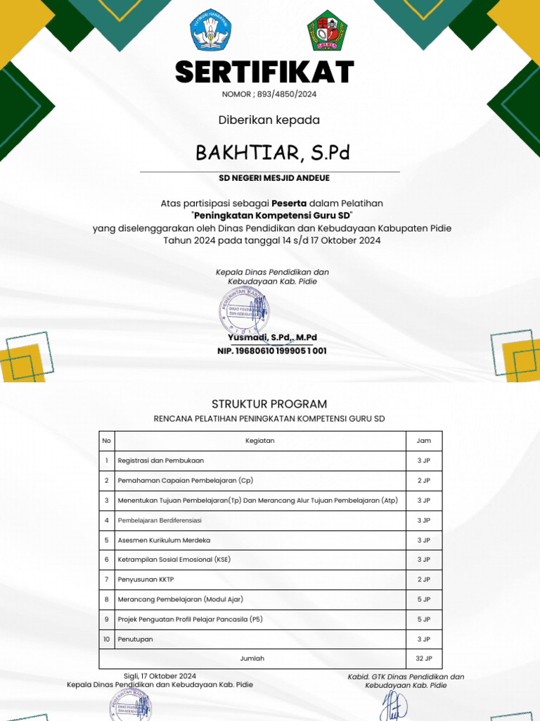 Sertifikat BAKHTIAR, S.Pd Peningkatan Kompetensi Guru SD | PDF