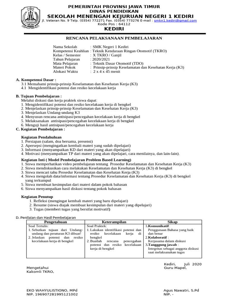 RPP Memahami Dan Mengidentifikasi K3 Di Bengkel Eko | PDF