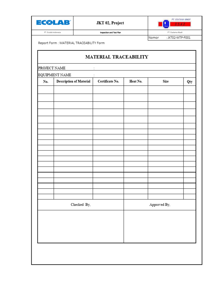 Nomor Report Form: Material Traceability Form | PDF