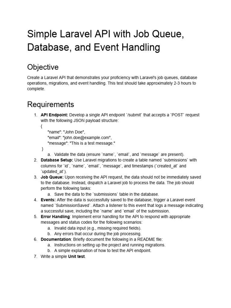Simple Laravel Api Tutorial With Job Queue Database And Event Handling Pdf