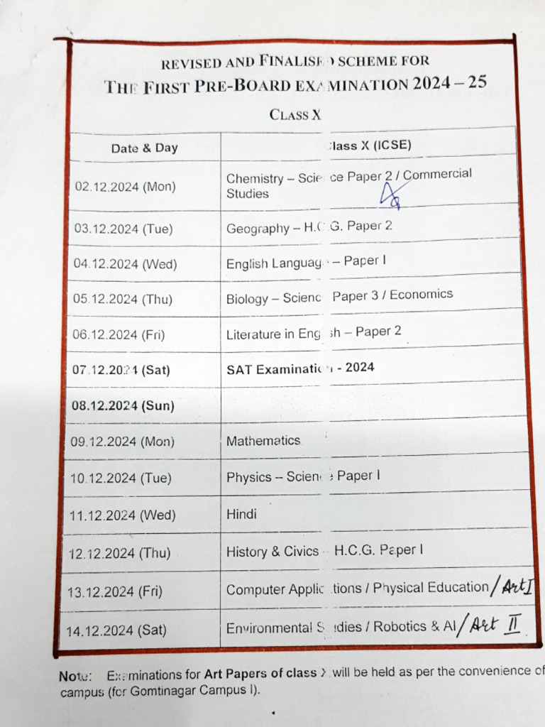 First Pre Board Schedule | PDF