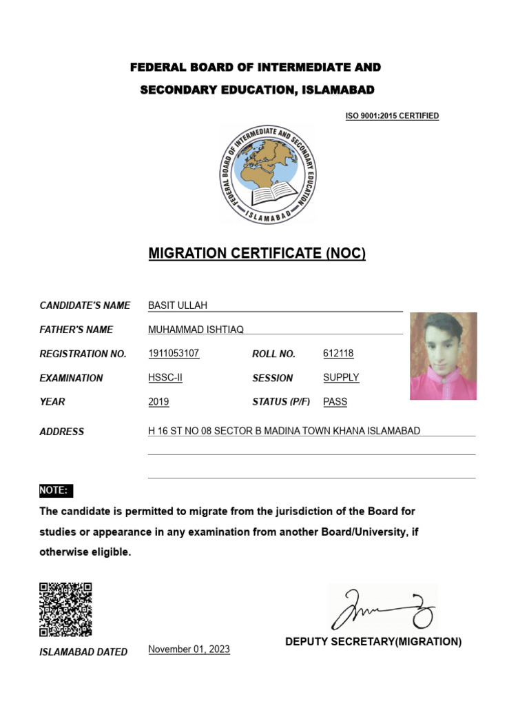 Federal Board Migration Certificate NOC | PDF